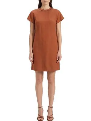 Brunello Cucinelli Viscose And Linen Sheath Mini Dress With Monili Embellishment - Brick Red