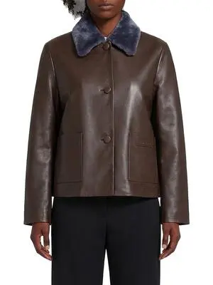 Marni Leather Jacket With Fur Collar - Cocoa