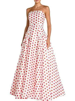 Mac Duggal Strapless Polka Dot Mikado Ballgown - White Multi