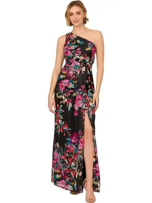Adrianna Papell One-Shoulder Floral Stripe Gown Black Multi