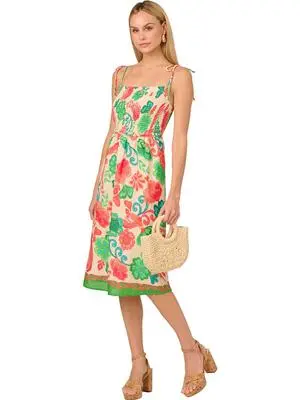 Adrianna Papell Floral Shirred Cotton Midi Sundress - Ivory Multi