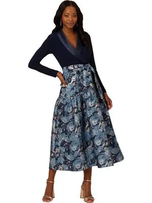 Adrianna Papell Long Sleeve Tuxedo Jacquard Combo Gown - Midnight Multi