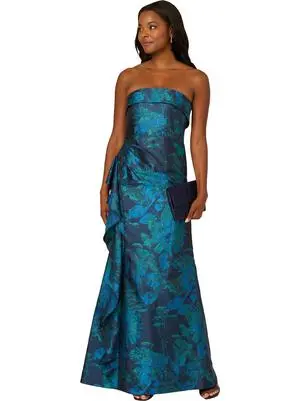 Adrianna Papell Strapless Draped Floral Jacquard Gown - Cobalt Multi
