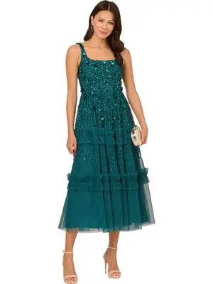 Adrianna Papell Floral Beaded Ruffle Midi Dress - Deep Azure