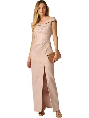 Adrianna Papell Off-the-shoulder Draped Jacquard Gown - Blush