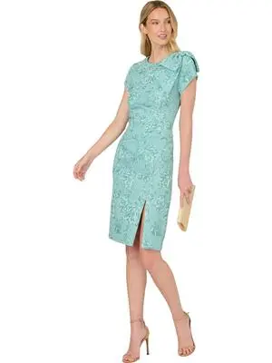 Adrianna Papell Floral Jacquard Bow Midi Dress - Teal