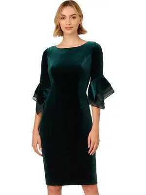 Adrianna Papell Velvet Sheath Dress With Tiered 3/4 Bell Sleeves - Hunter
