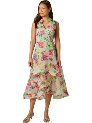 Adrianna Papell Collared Floral Organza High-low Midi Dress - Mint Multi