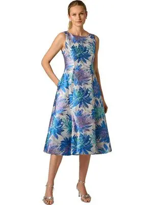 Adrianna Papell Chrysanthemum Floral Jacquard Tea Length Dress - Blue Multi