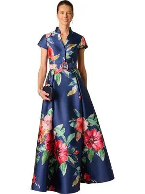 Adrianna Papell Short Sleeve Magnolia Floral Ballgown - Navy Multi