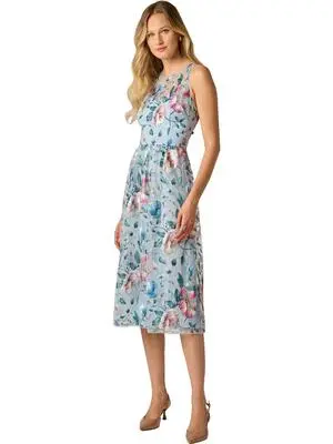 Adrianna Papell Sequin Beaded Floral Embroidery Illusion Midi Dress - Blue Multi