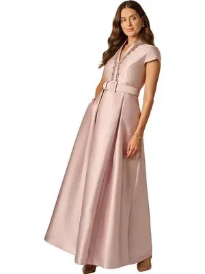 Adrianna Papell Cap Sleeve Beaded Collar Ballgown - Bellini