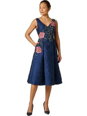 Adrianna Papell Floral Beaded Fit And Flare Midi Dress - Midnight Multi