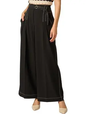Adrianna Papell Topstitch Paperbag Pant With Belt - Black/ivory