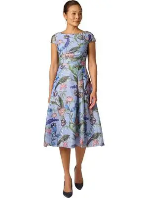 Adrianna Papell Cap Sleeve Floral Jacquard A-line Midi Dress - Blue Multi