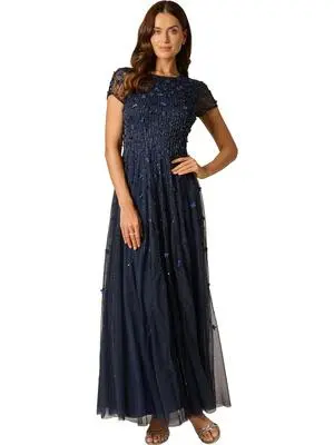 Adrianna Papell Short Sleeve Linear 3d Floral Beaded Gown - Navy