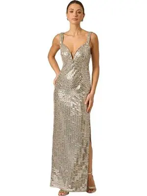 Adrianna Papell Plunge Neck Mirror Beaded Gown - Silver