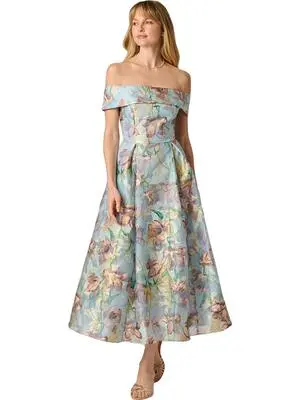 Adrianna Papell Off-shoulder Floral Jacquard Ankle Dress - Blue Multi