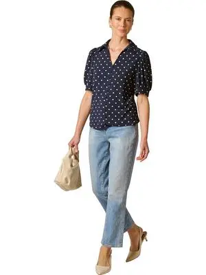 Adrianna Papell Puff Sleeve Ruffle Collared Top - Navy/ivory Timeless Dot