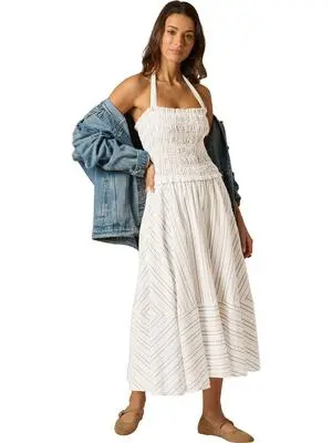 Adrianna Papell Smocked Seersucker Halter Midi Dress - Ivory Multi