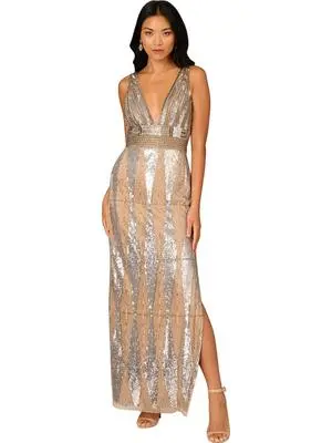 Aidan Mattox Fully Beaded Plunge Long Gown - Silver Multi