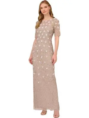 Adrianna Papell Hand Beaded Floral Sheath Gown - Marble