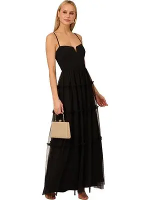 Adrianna Papell Sleeveless Notch Neck Tiered Mesh Gown - Black