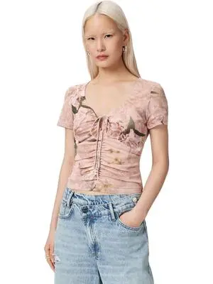 ALLSAINTS Gabby Slim Fit Floral Mesh Top Crystal Pink