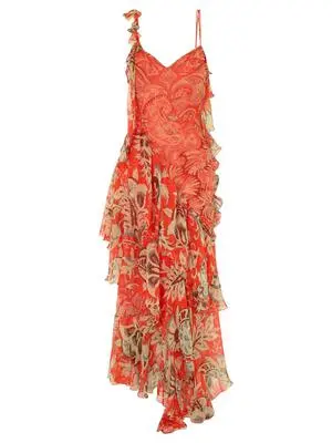 Etro Floral-print Silk-chiffon Midi Dress With Ruffles - Red