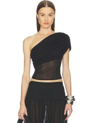 CAMILA COELHO One-shoulder Draped Mesh Jersey Top - Black