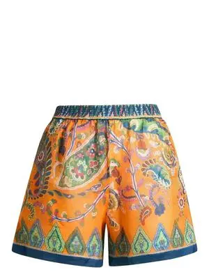 Etro Ramie Paisley Print Drawstring Shorts - Orange