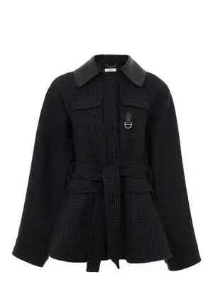 Chloé Houndstooth Wool Utility Jacket - Pearly Black