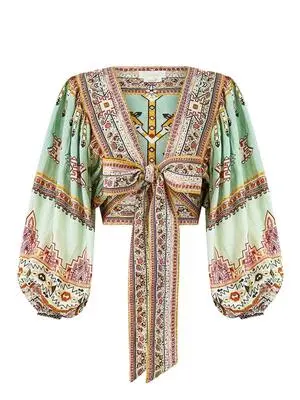 Camilla Blouson Sleeve Tie Front Top - Green