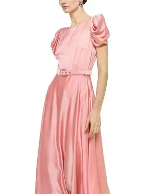 NISSA Belted Midi Dress With Puff Sleeves Pink