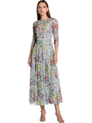 Mac Duggal Floral Midi Dress With 3/4 Sleeves - Multi