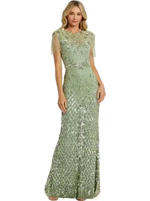 herve leger green fringe dress STRAPPY OTTOMAN FRINGE GOWN – HERVÉ LÉGER