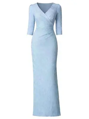 Rickie Freeman For Teri Jon Floral V-neck Evening Maxi Dress - Blue