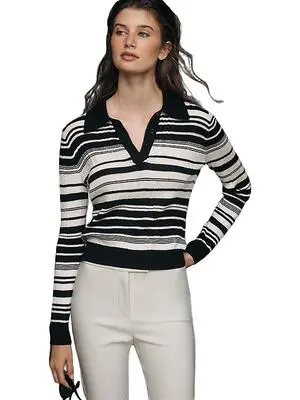 REFORMATION Hermia Merino Wool Polo Pullover - Black/white Stripe