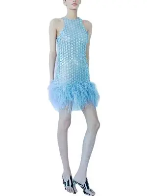 THE NEW ARRIVALS ILKYAZ OZEL Floral Feathered Mini Dress - Blue