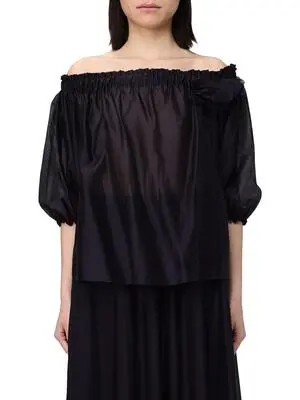 HANITA Crepe Blouse With Flower Appliqu - Black