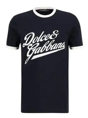 Dolce & Gabbana Blue Cotton T-shirt With Flock Print - Black