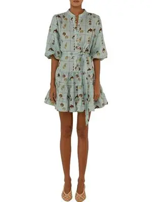 PALM NOOSA Ruba Mini Dress Tiered Skirt, Blouson Sleeve, Belted - Seashell Tile