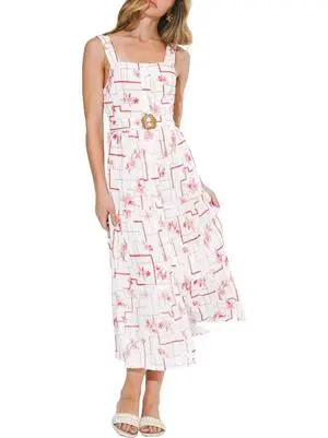 Adelyn Rae Floral Embroidered Midi A-line Dress With Belt - White/red