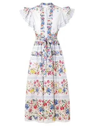 MARY KATRANTZOU Belted Floral-print Cotton-blend Midi Dress - Multi