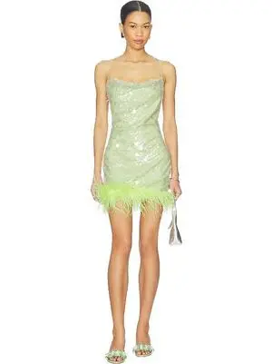Delfi Sequin Embellished Feather Trim Mini Dress - Lime