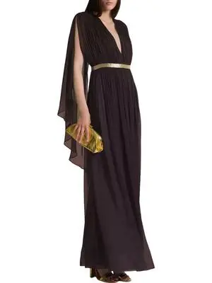 Alberta Ferretti Pleated V-neck Maxi Dress - Brown