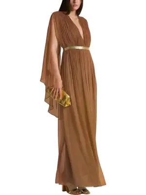 Alberta Ferretti Pleated V-Neck Maxi Dress Brown