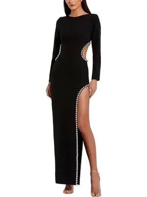 Mac Duggal Crepe Gown With Beaded Cutouts And Slit - Black