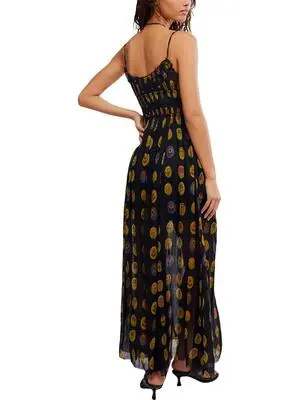 farm rio beauty bouquet long sleeve maxi dress Sand Renata Floral Drawstring Cut-Out Maxi Dress