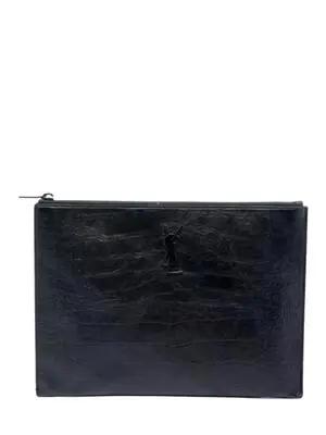 Saint Laurent 2018 Croc Embossed Leather Monogram Clutch - Black